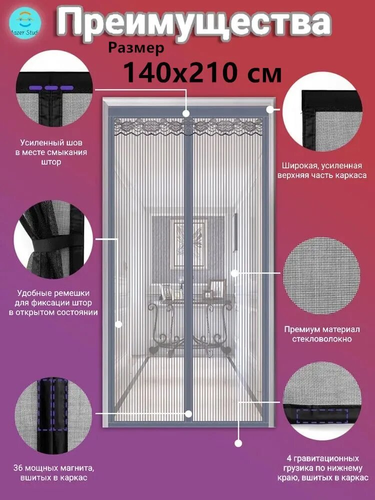 Москитная сетка на дверь на магнитах, антимоскитная ceтка на дверь 140x210см магнитов