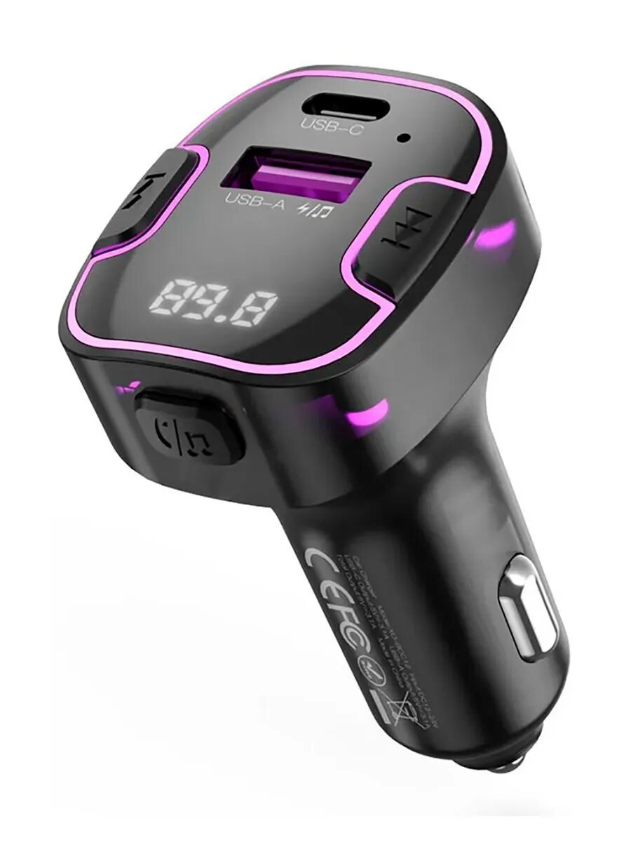 FM модулятор (трансмиттер) XO BCC12 Bluetooth, 3.1А USB, Type-C, цвет черный