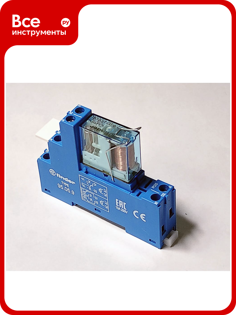 Набор реле FINDER c розеткой в сборе 10шт (сборка 40.52.9.024.0000 + 95.05.9SMA), электромеханическое реле; 2CO 8A; контакты AgNi; питание 24В DC; категория защиты IP20; винтовые клеммы; металлическая клипса; Сделано в России 485290240000SMRV10