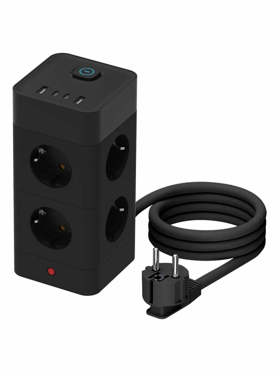 Сетевой фильтр с защитой и заземлением ЭРА TWR-8es-1,5m-4USB-B башня с выключателем 8 розеток+4xUSBA+C 1,5м 16А черный