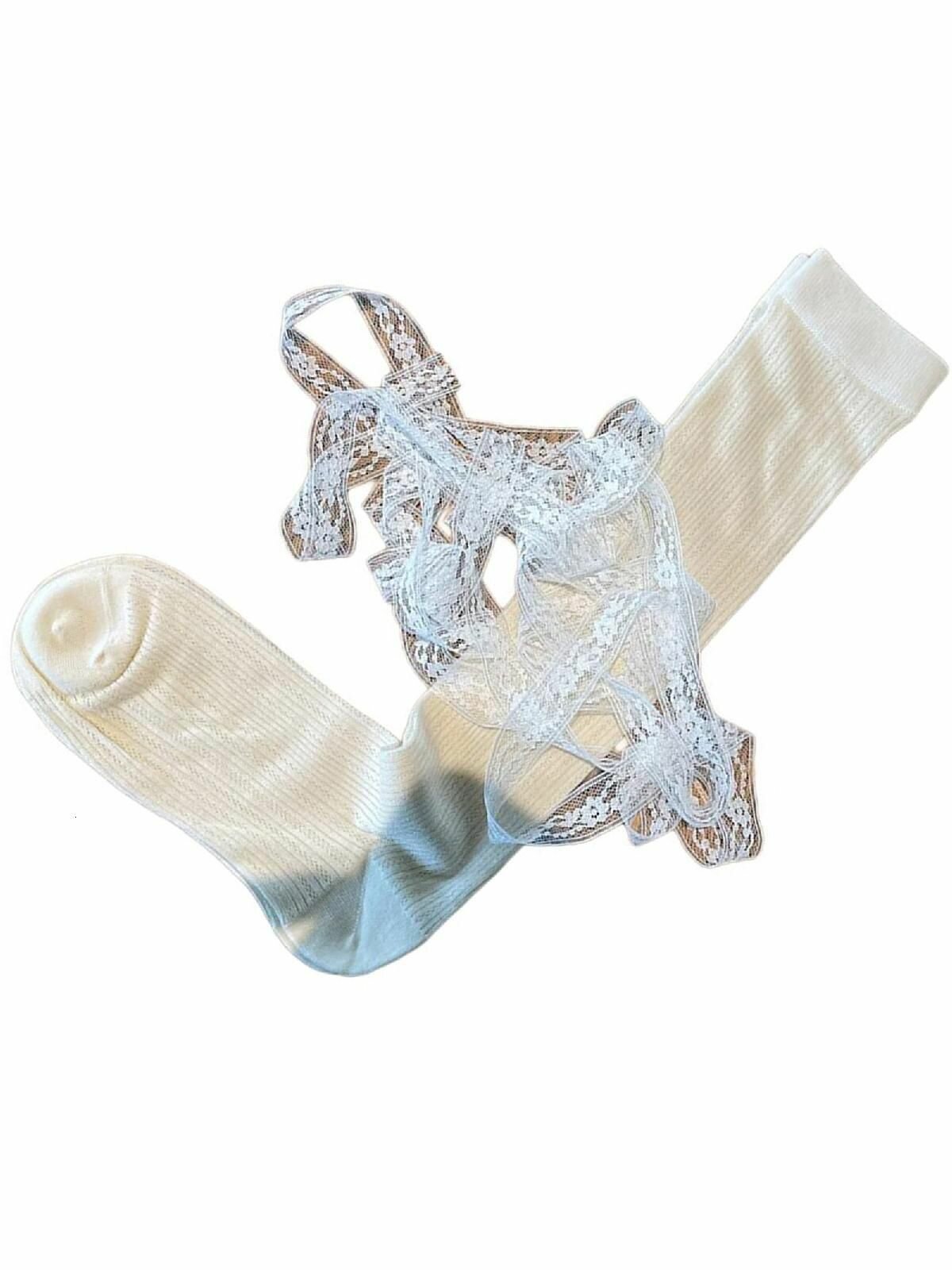 Женские японские гольфы из хлопка с лентами, Бежевый