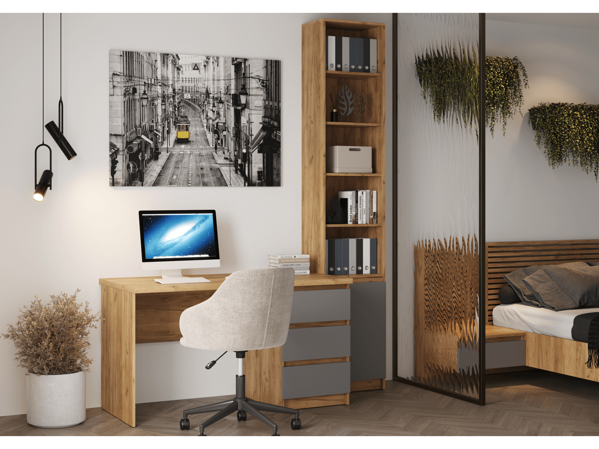 Кабинет для школьника, из ЛДСП, стол, стеллаж и навесной шкаф, крафт золотой/серый шифер