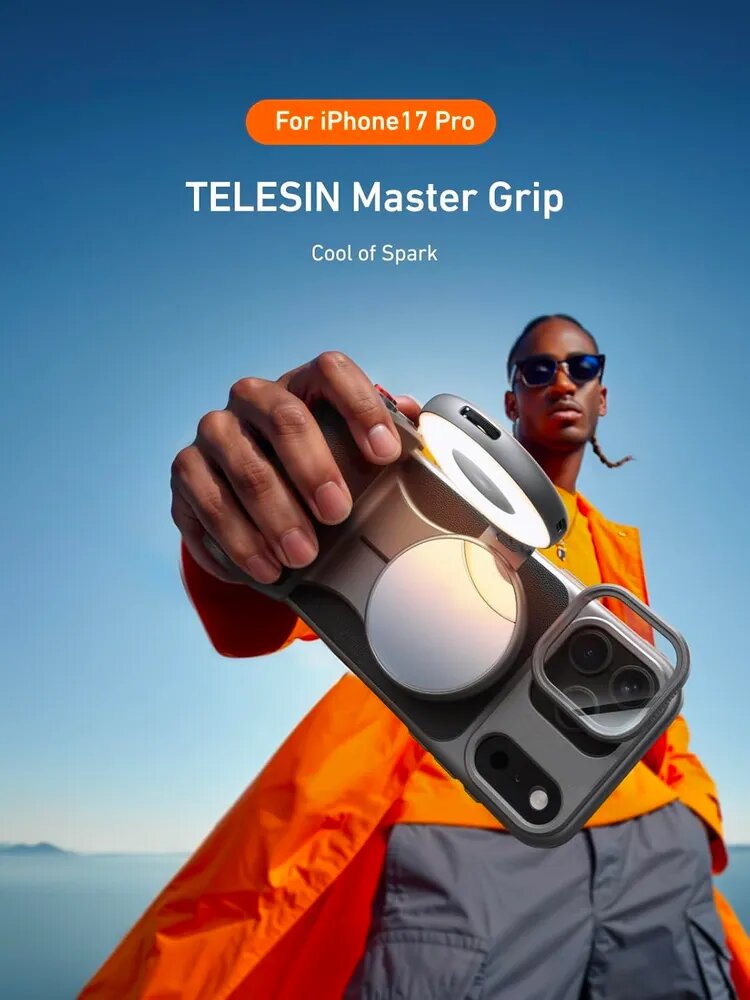 В комплект TELESIN Master Grip входят светодиодная подсветка CO3 для селфи и УФ-фильтр, встроенный аккумулятор емкостью 3200 мАч, а также поддержка беспроводной зарядки.