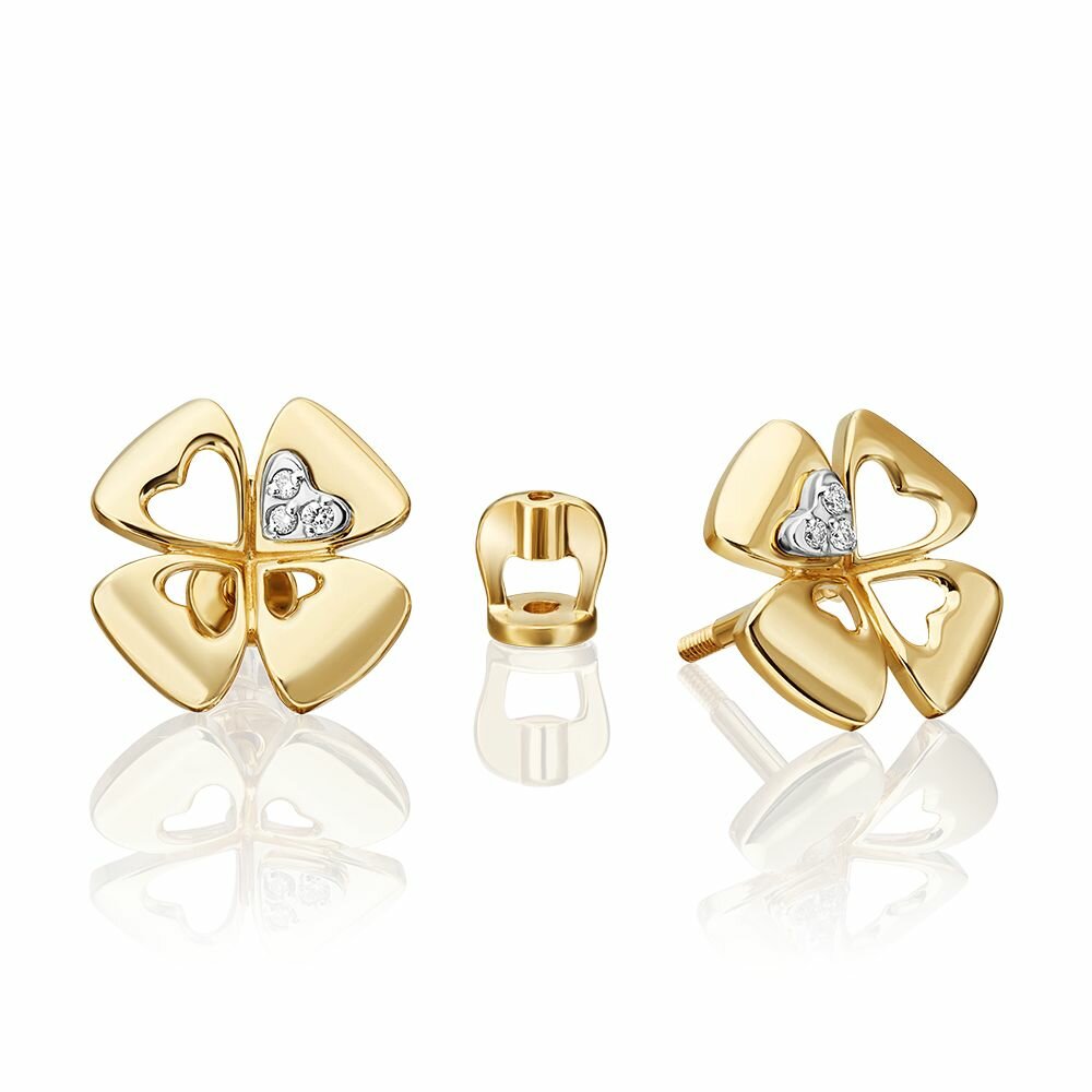 Серьги пусеты, комбинированное золото, 585 проба, родирование, бриллиант