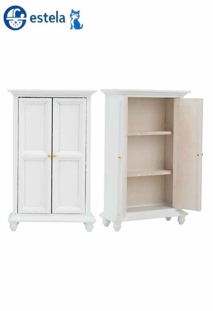 Кукольный шкаф, миниатюрная мебель для домика, двухдверный деревянный гардероб белого цвета, 1:12 модель (9.5x4x15.4 см)