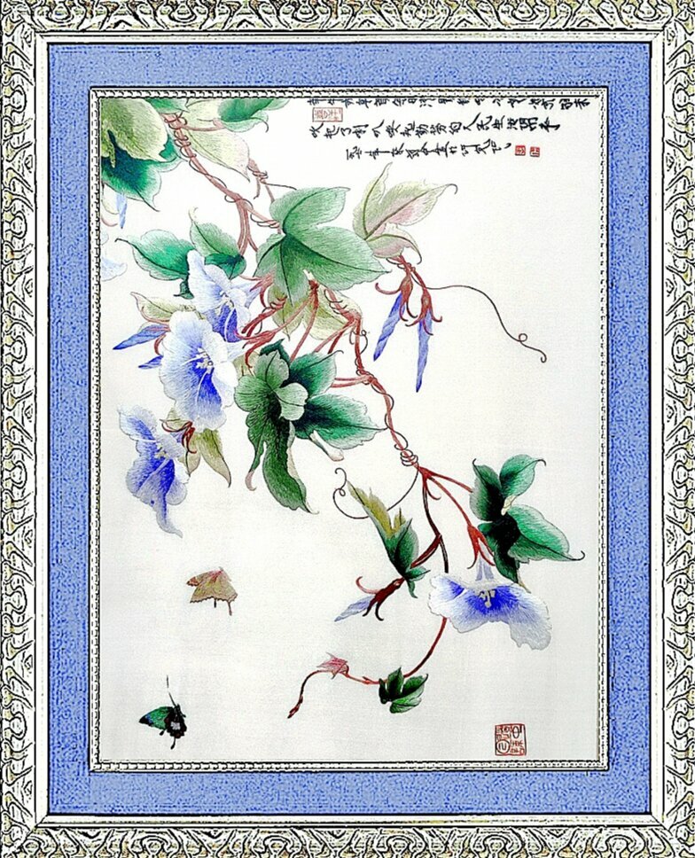 Картина на стену Живой Шелк Вьюнок Авторский, вышивка шелком ручная с 3D эффектом/см 61х73х3/багет+паспарту