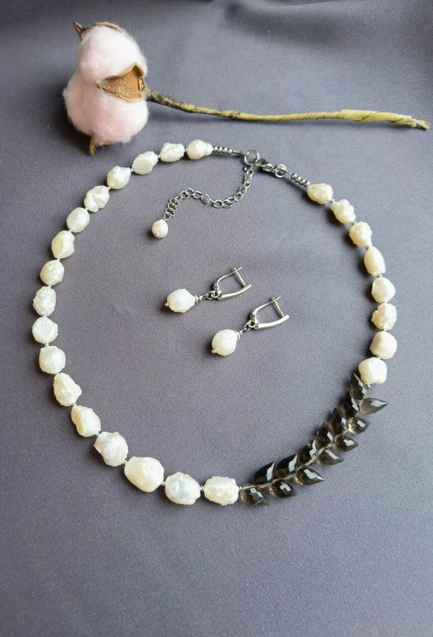 Комплект бижутерии: колье, серьги, раухтопаз, жемчуг культивированный