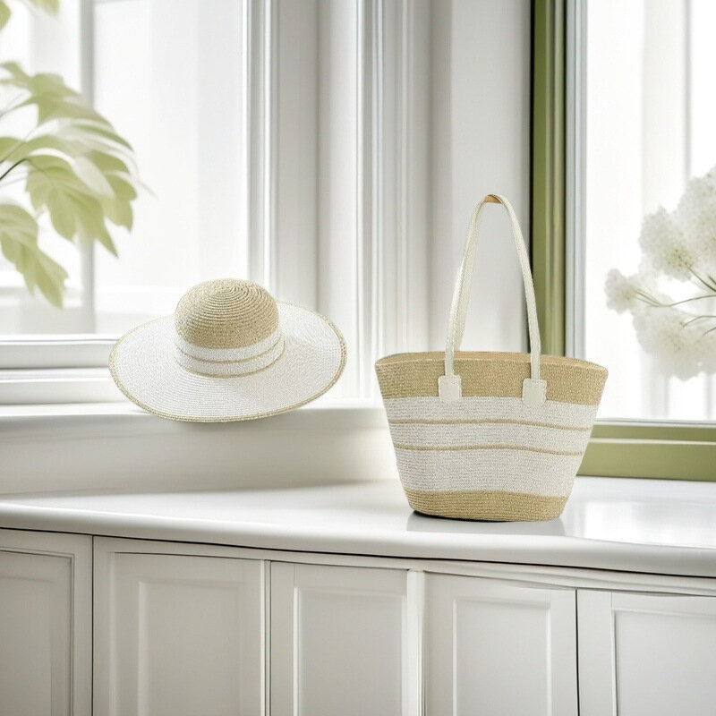 2026 Кросс-бордер Соломенная шляпа Соломенная сумка Двухкомпонентный набор Солнечная шляпа Большая вместимость Полосатая сумка через плечо Пляжная сумка Фабричный магазин