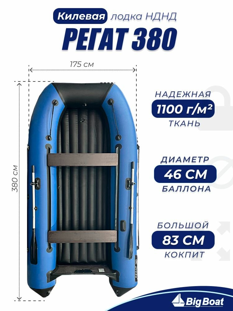 Надувная, под мотор, килевая лодка из ПВХ для рыбалки Regat (Регат) 380 НДНД