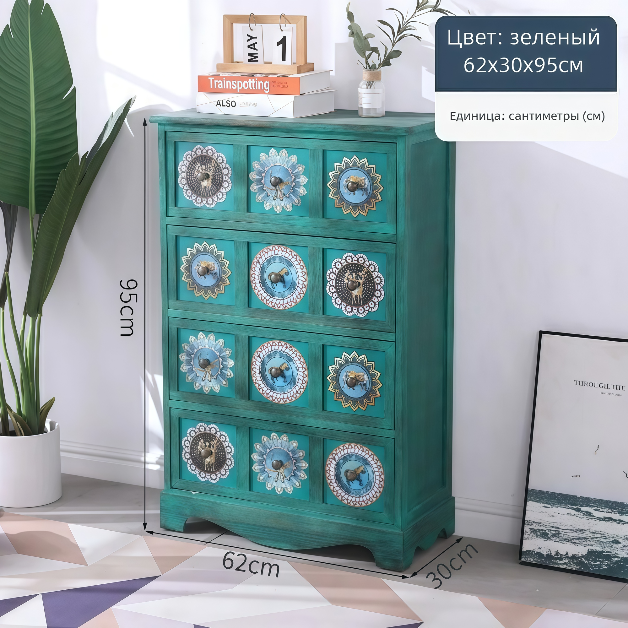 Винтажный комод с яркой росписью 12 ящиков, зеленый, массив дерево — акцент для интерьера