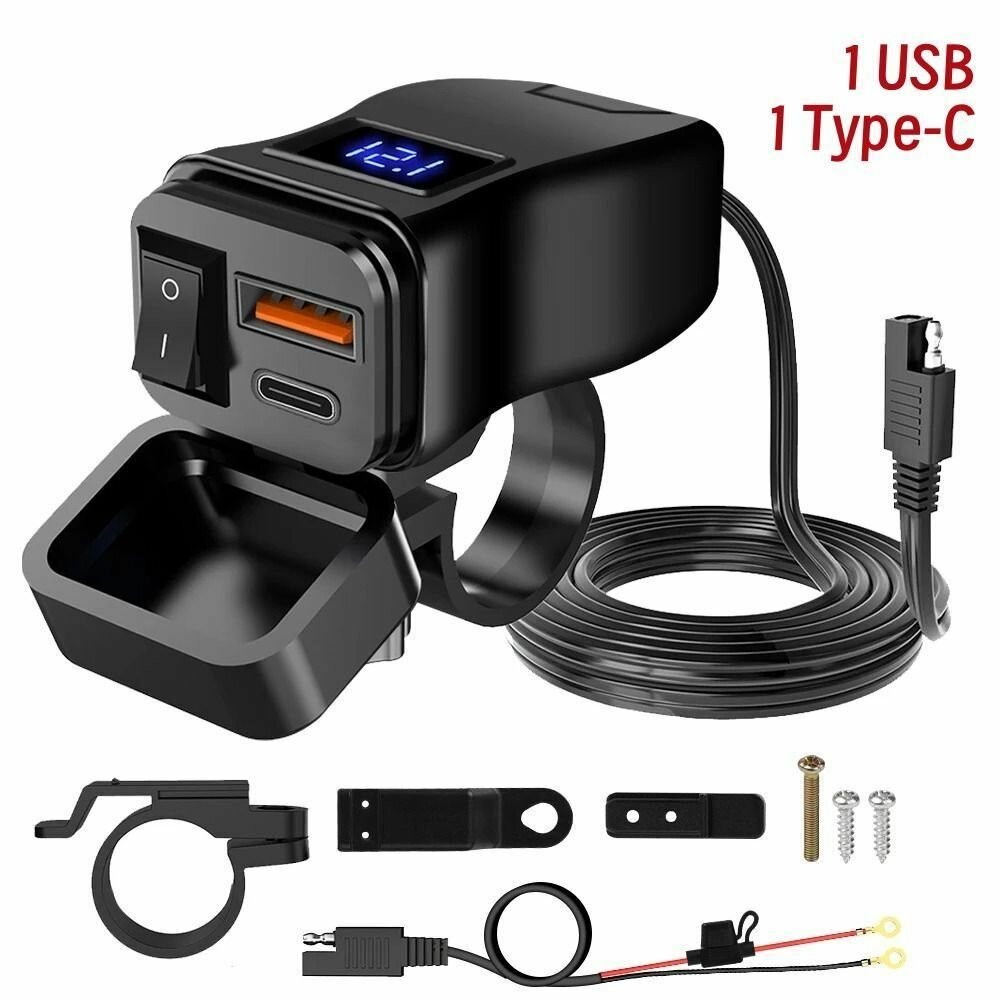 Зарядное устройство на руль для мотоцикла USB + Type-C ; Быстрая зарядка для телефона на мотоцикл