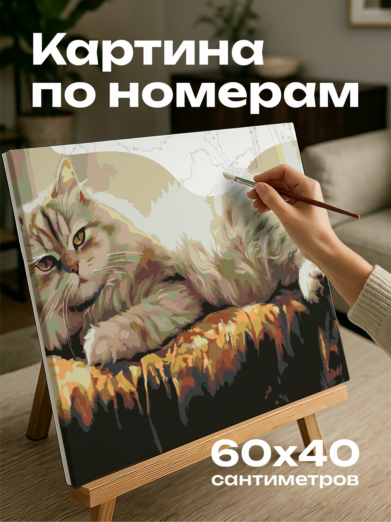 Картина по номерам 60x40 см, персидская кошка, масляная картина, бархатная подушка, золотистый свет
