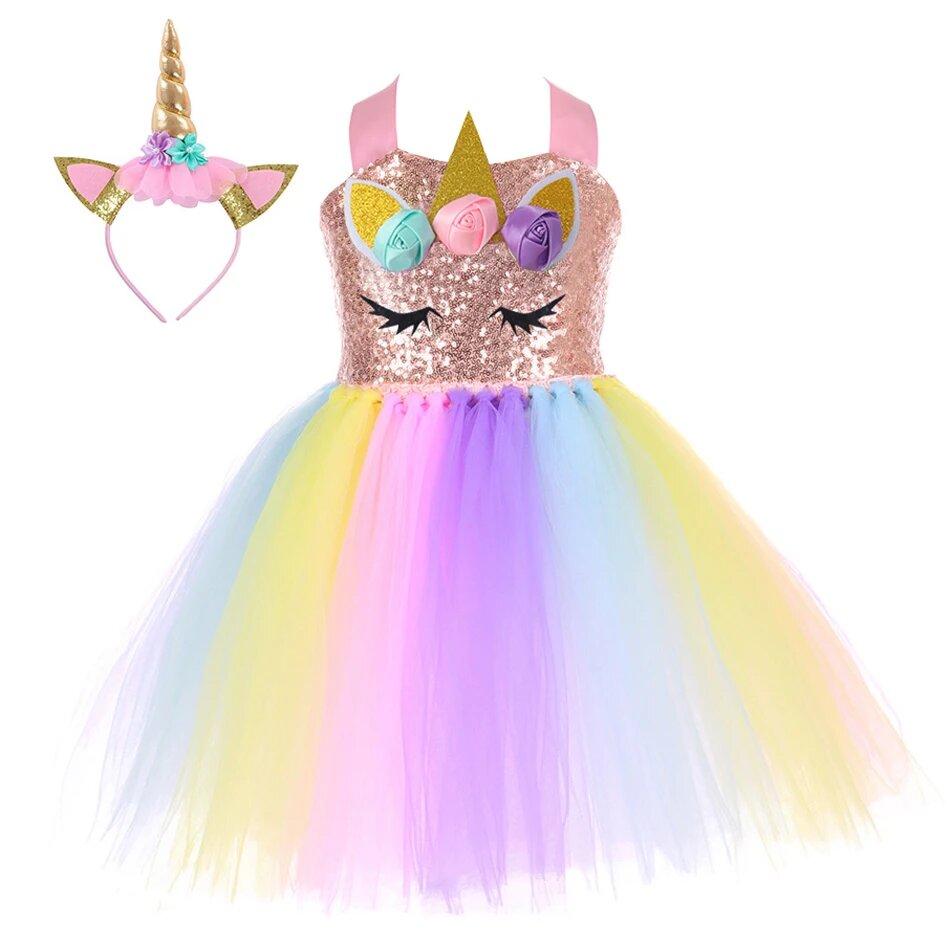Платье принцессы с единорогом для девочек, блестящая детская мультяшная одежда со светодиодными светящимися крыльями, повязка на голову, костюм для сцены, Хэллоуина