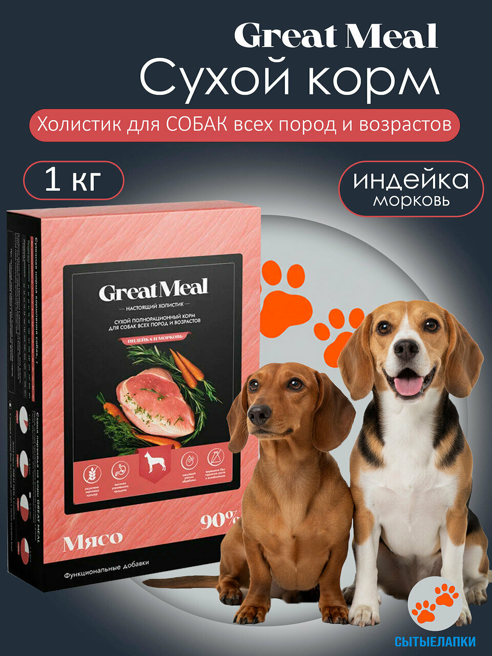Корм сухой полнорационный GREAT MEAL для всех пород и возрастов собак из индейки с морковью, 1 кг