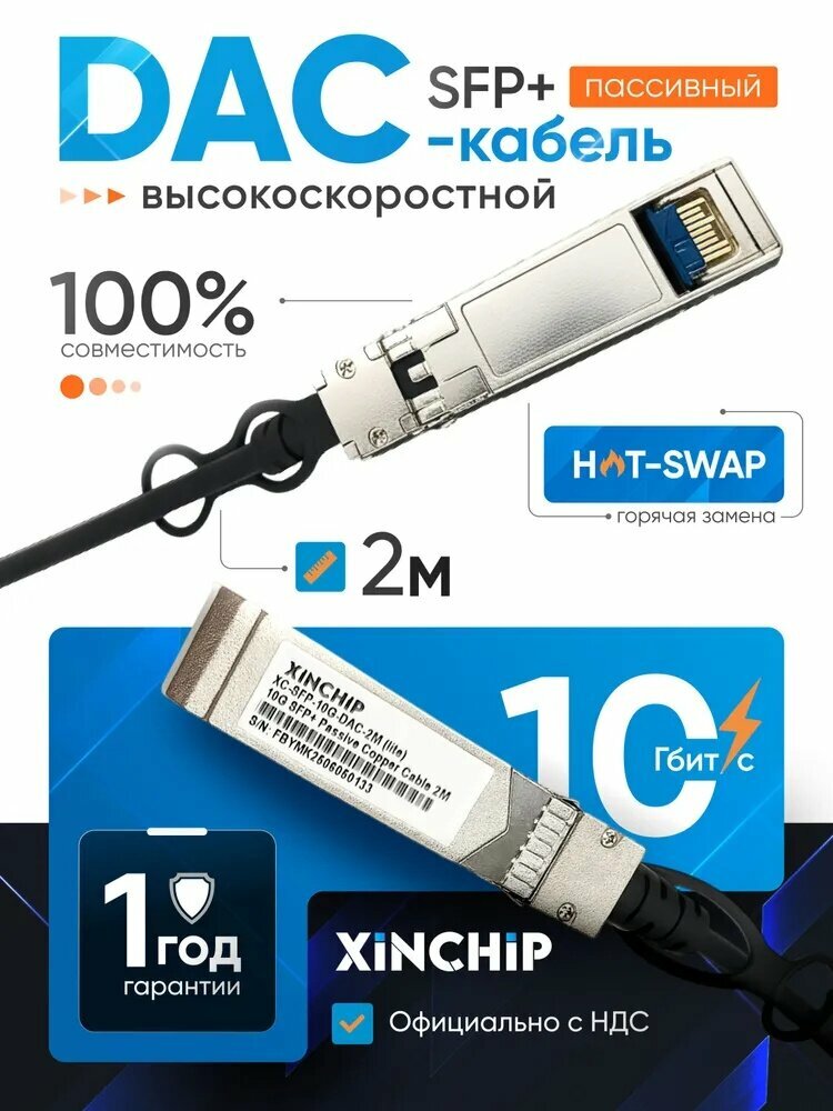 Кабель DAC SFP+ 2 метр 10Гбит/с (Passive) Xinchip