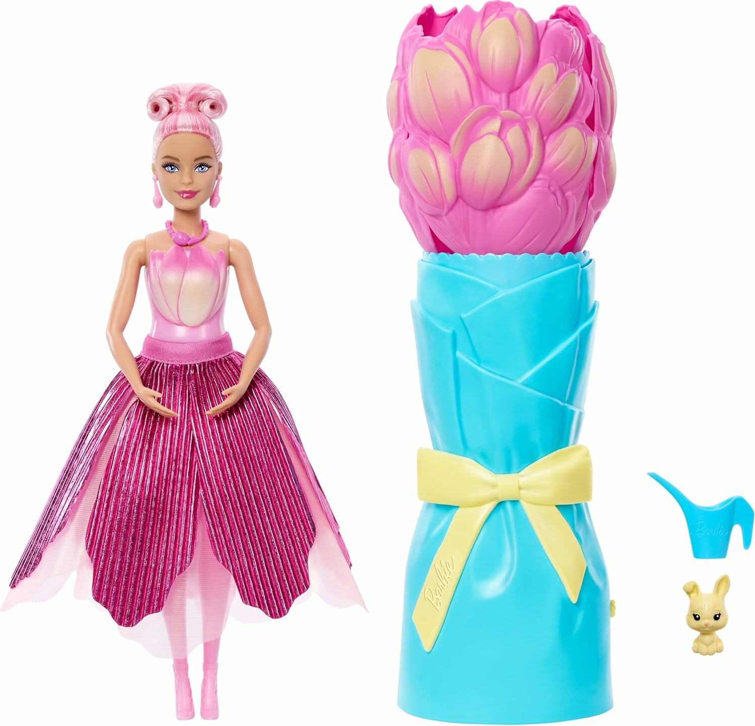 Кукла Mattel Barbie Petal Pop - Ароматизированная кукла Барби с платьем и аксессуарами в виде тюльпана, фигуркой зайчика и сюрпризами - Барби JMF57