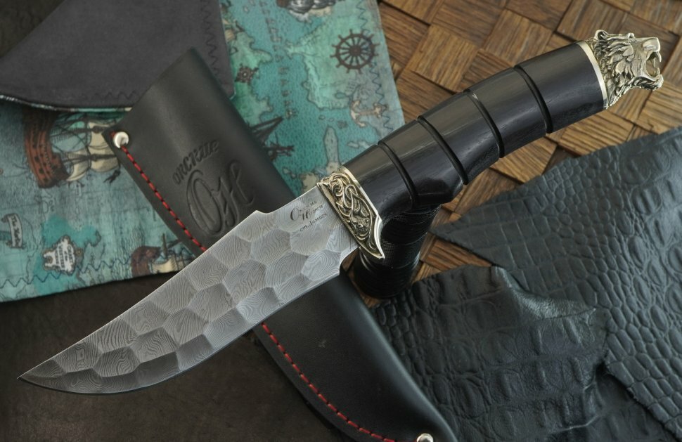 Окские Ножи нож Осетр, клинок дамаск, битый камень, рукоять стабилизированное дерево, литье