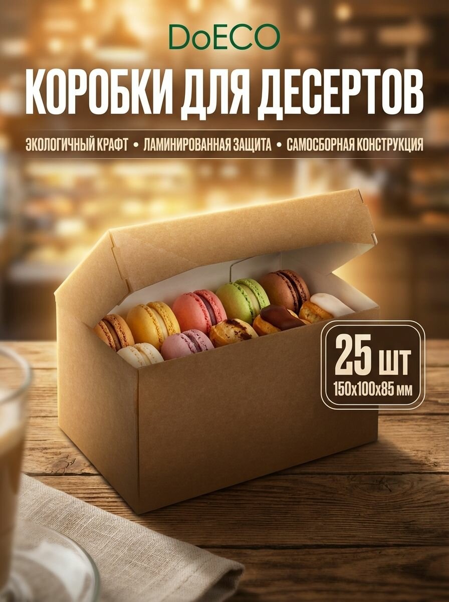 Коробка крафт пищевая DoECO контейнер одноразовый с крышкой, упаковка 150х100х85 мм, 25 шт.
