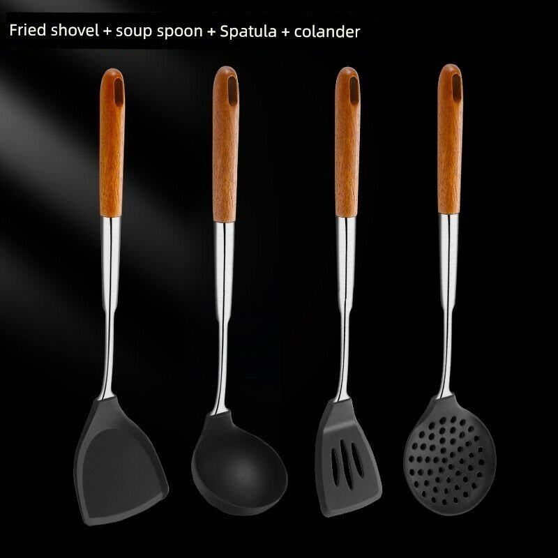 Набор из 4 предметов силиконовой кухонной посуды с ручками из розового дерева, термостойкий инвентарь для сковородок