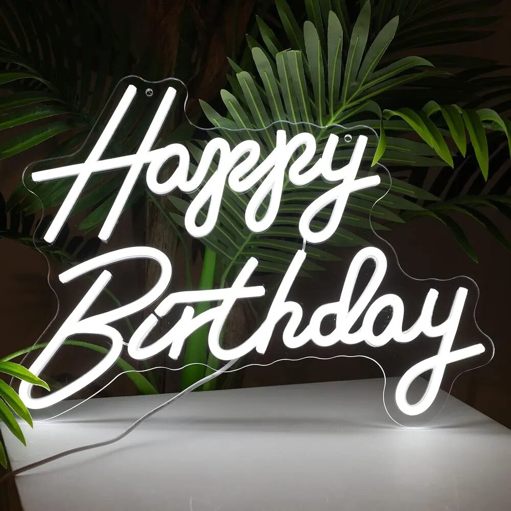 Неоновый светильник Happy Birthday, настольный, акрил, белый цвет свечения, для детской, для праздника, 40*26 см