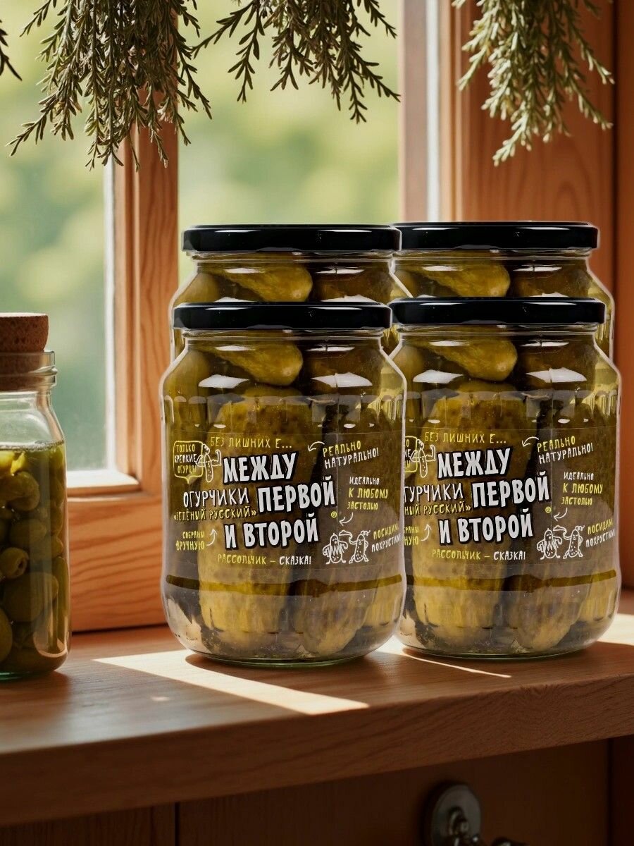 Огурчики Между Первой и Второй "Зеленый Русский" маринованные 680 г. (Набор из 4шт)