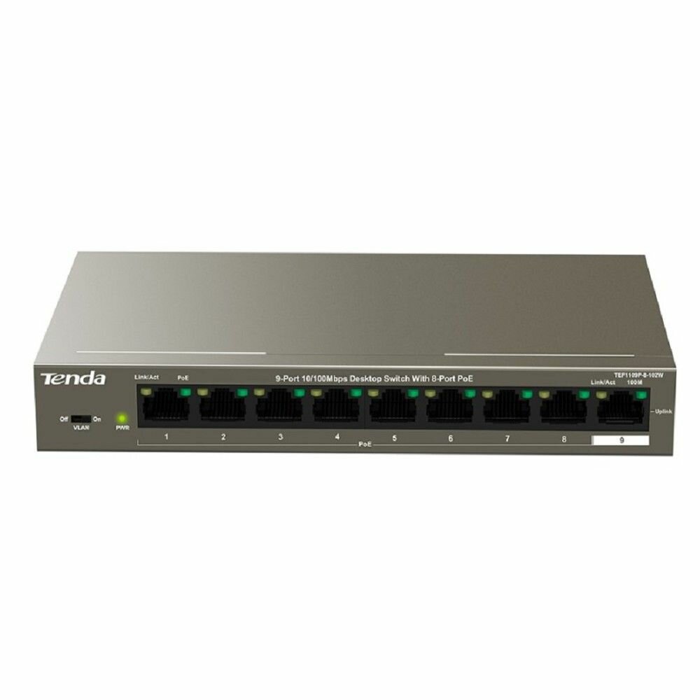 Tenda Сетевое оборудование TEF1109P - 8 - 102W Коммутатор настольный 9 - Ports 10 100 Base - TX 8 - Ports PoE PoE бюджет 92W