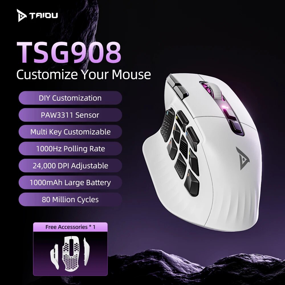 TAIDU TSG908 PRO Беспроводная игровая мышь MMO PAW3950 PAW3311 16 боковых кнопок 30000 точек на дюйм Магнитная съемная задняя крышка Проводные мыши