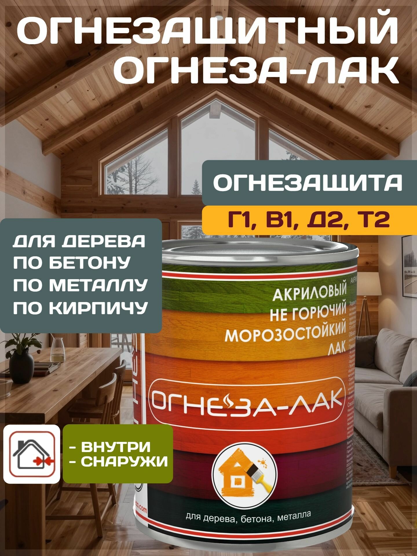 Лак акриловый огнезащитный для дерева огнеза ЛАК ОД , глянцевый, бесцветный, 1л (0,8кг)