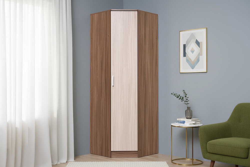 Шкаф угловой для одежды однодверный, 1 дверь 5 полок 1 штанга, Эра, 76х220х76 см, Ясень шимо темный / Ясень шимо светлый