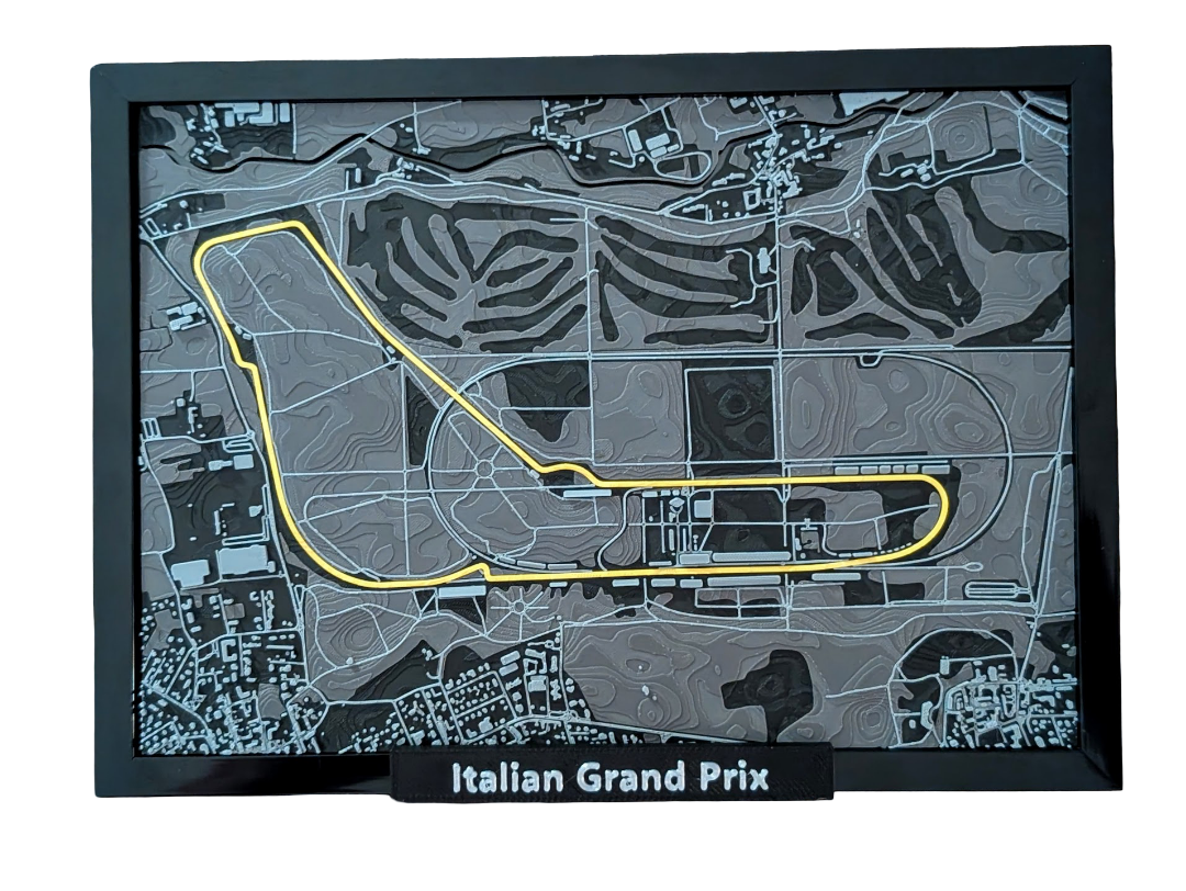 3D миниатюра трека легендарной трассы Монца Итальянского Гран-При Формулы Один, с рельефом и окрестостями