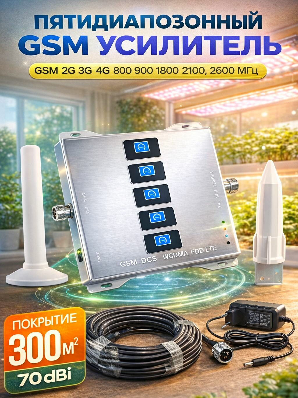 Пятидиапазонный усилитель сотовой связи GSM 2G 3G 4G (800-2600Mhz) 70dbi