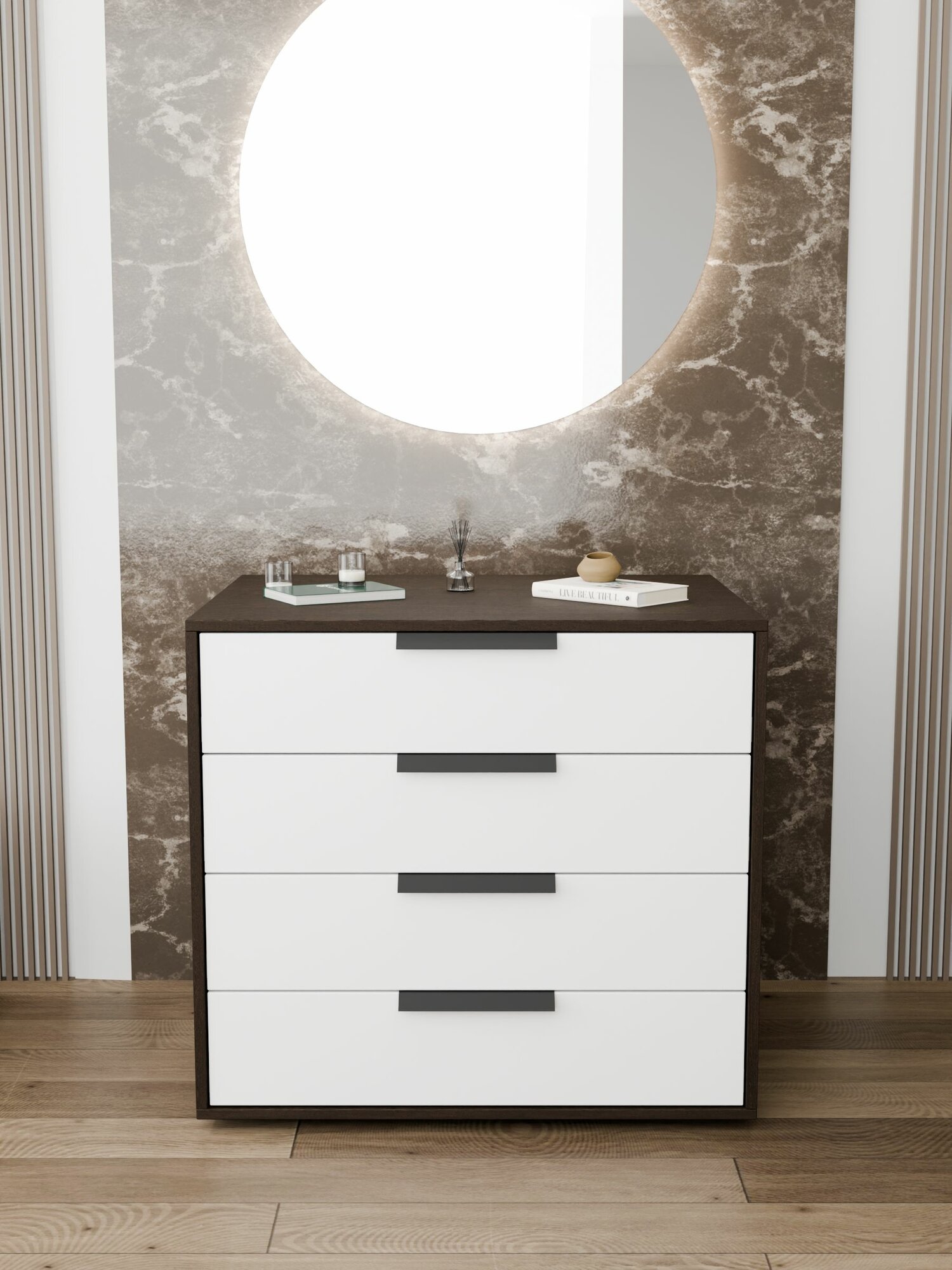 Изумлит Комод для белья и одежды Лайн 4 ящика, 80х74х59 см, венге-белый