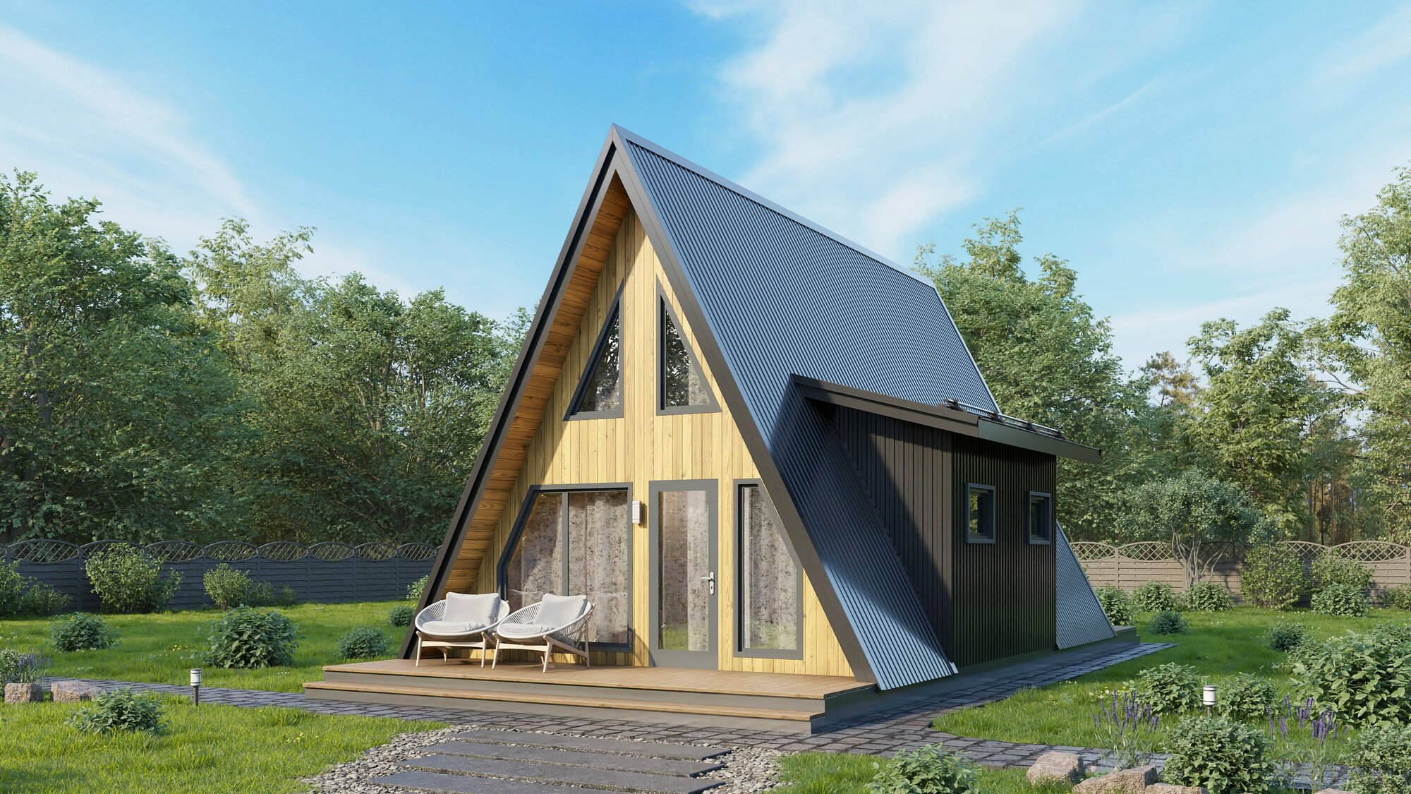 Проект дома А-фрейм ПСК-305 "Гуниб" 1 этаж + антресоль, с патио и крыльцом-патио.