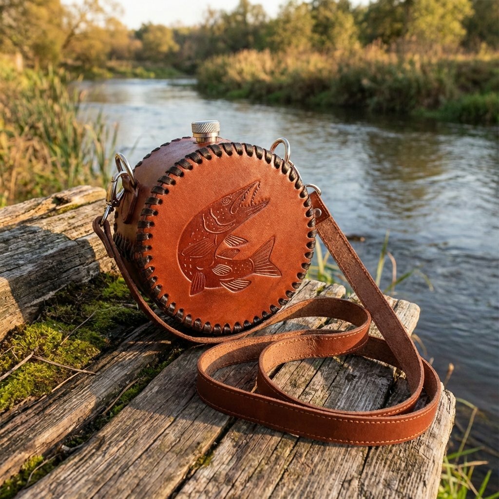 Фляга круглая 1 л, обтянутая натуральной кожей 544ФК-КТ-Щ