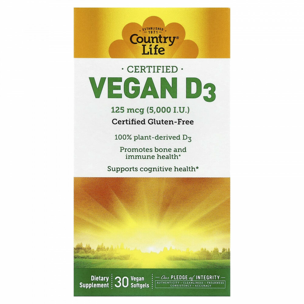 Country Life, Сертифицированный веганский витамин D3, 125 мкг (5000 МЕ), 30 веганских мягких таблеток
