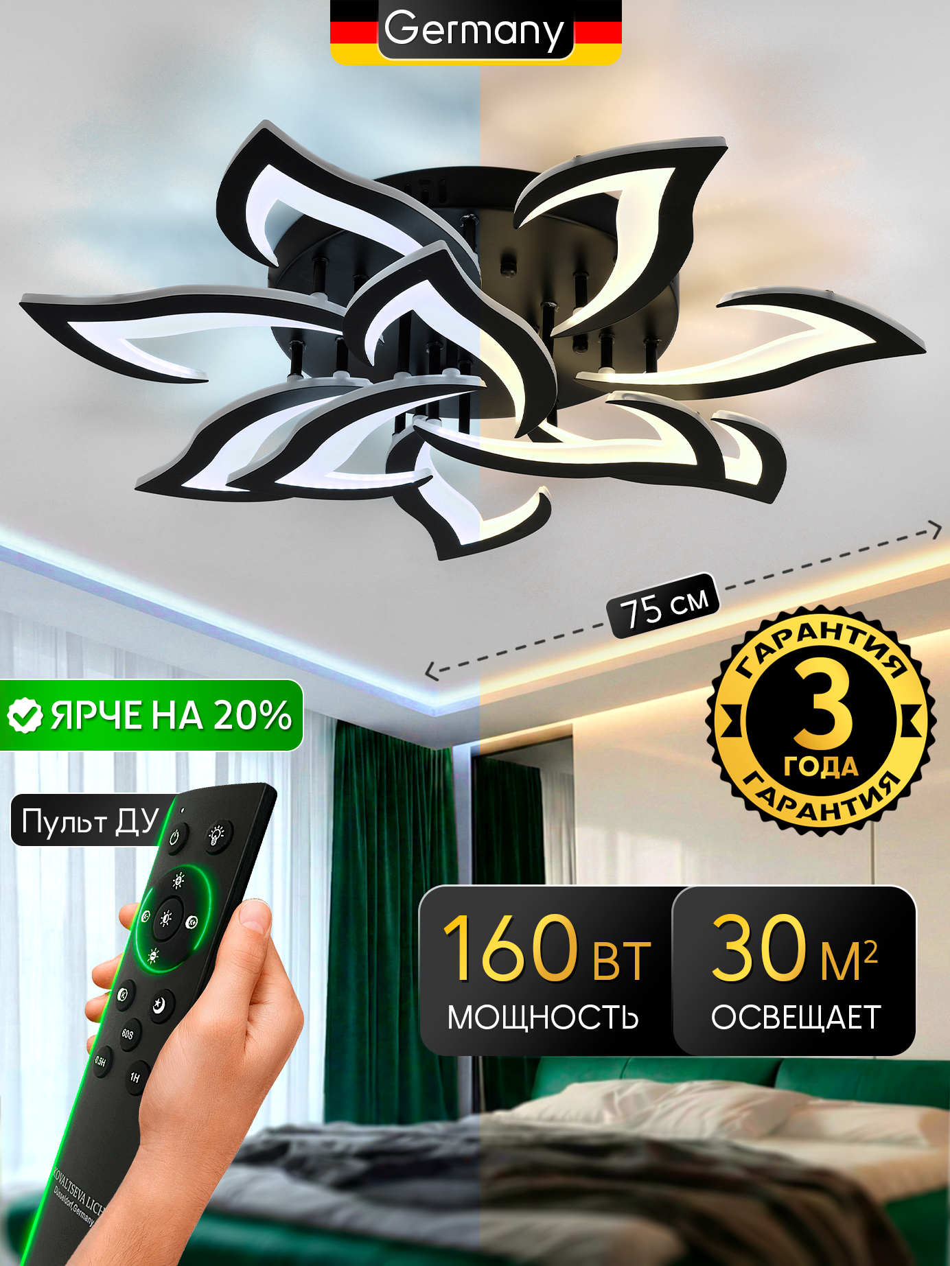 Светодиодная люстра с пультом ДУ 160W, черный, LED