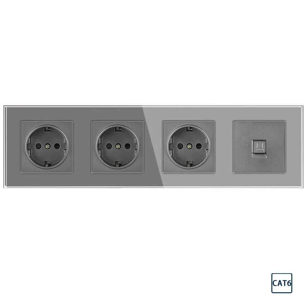 Розетка с заземлением 220В +розетка компьютерная rj45, 4 поста рамка закаленное стекло серый