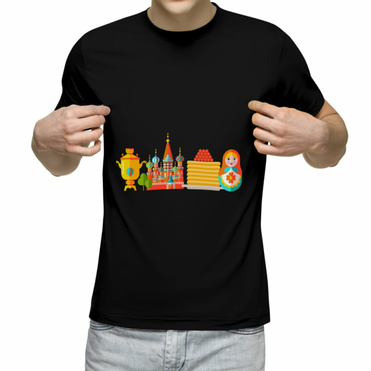 Мужская футболка «Русские хиты: матрёшка, блины, самовар» (черный, 2XL)