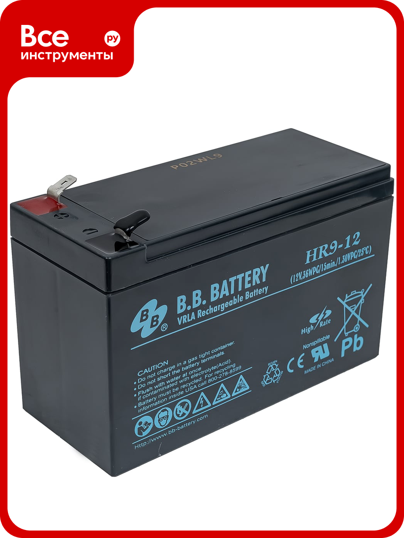 Аккумуляторная батарея BB Battery HR 9-12, 12 В, 9 Ач, AGM, прямой полярности, вес 2.75 кг, размеры