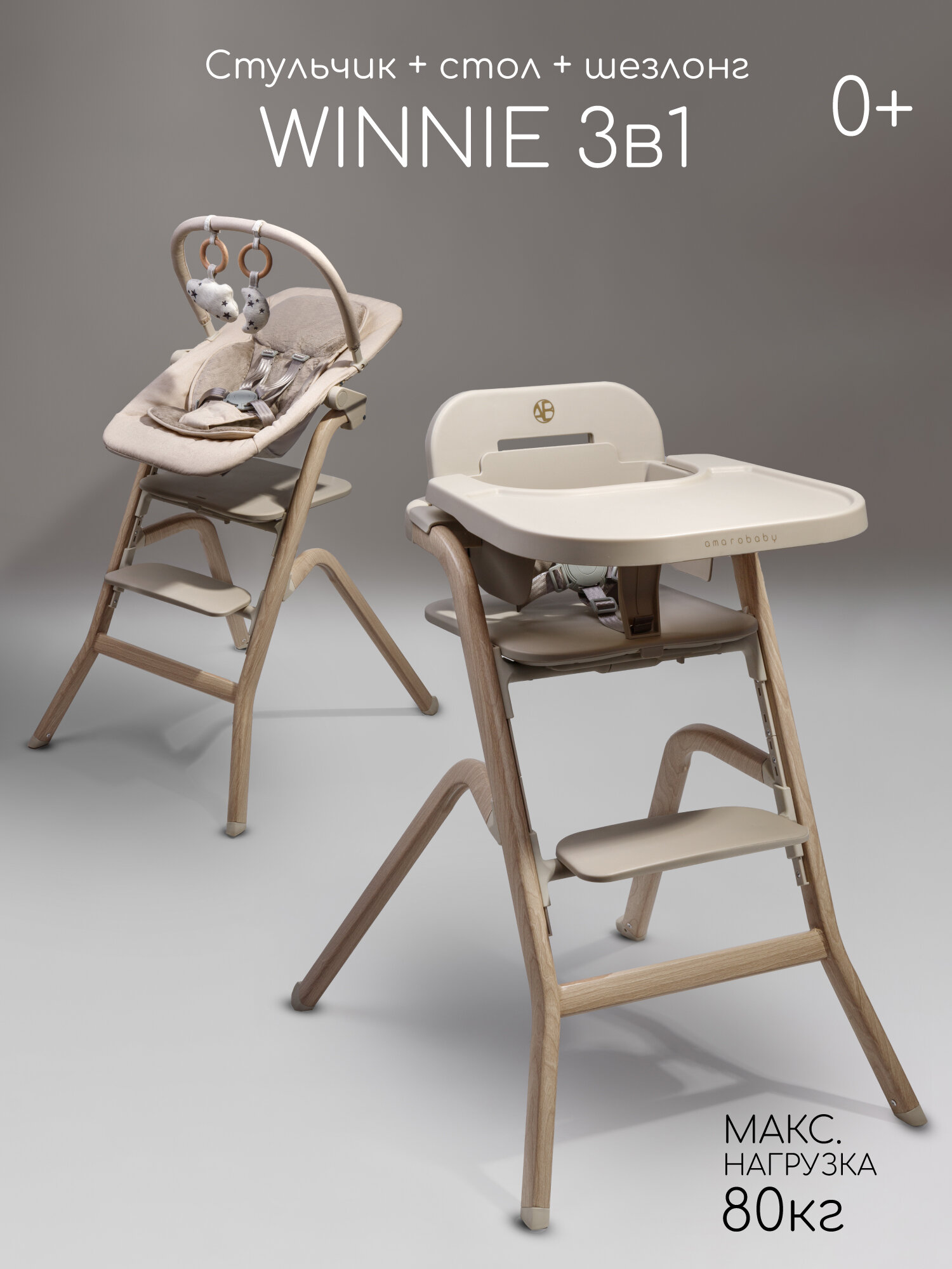 Стульчик для кормления 3 в 1 Amarobaby Winnie, молочный