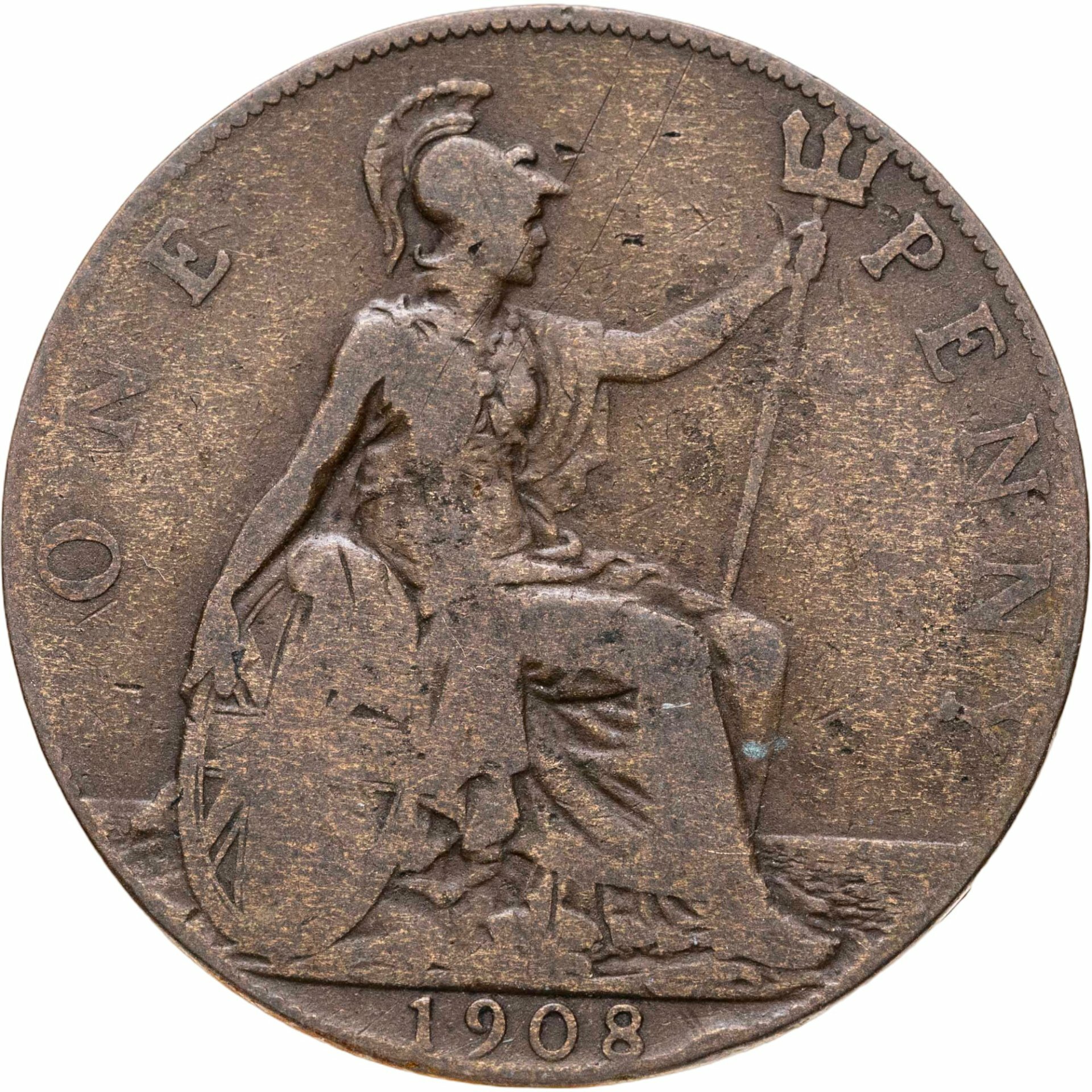 Великобритания 1 пенни penny 1908, Бронза, в сохранности F