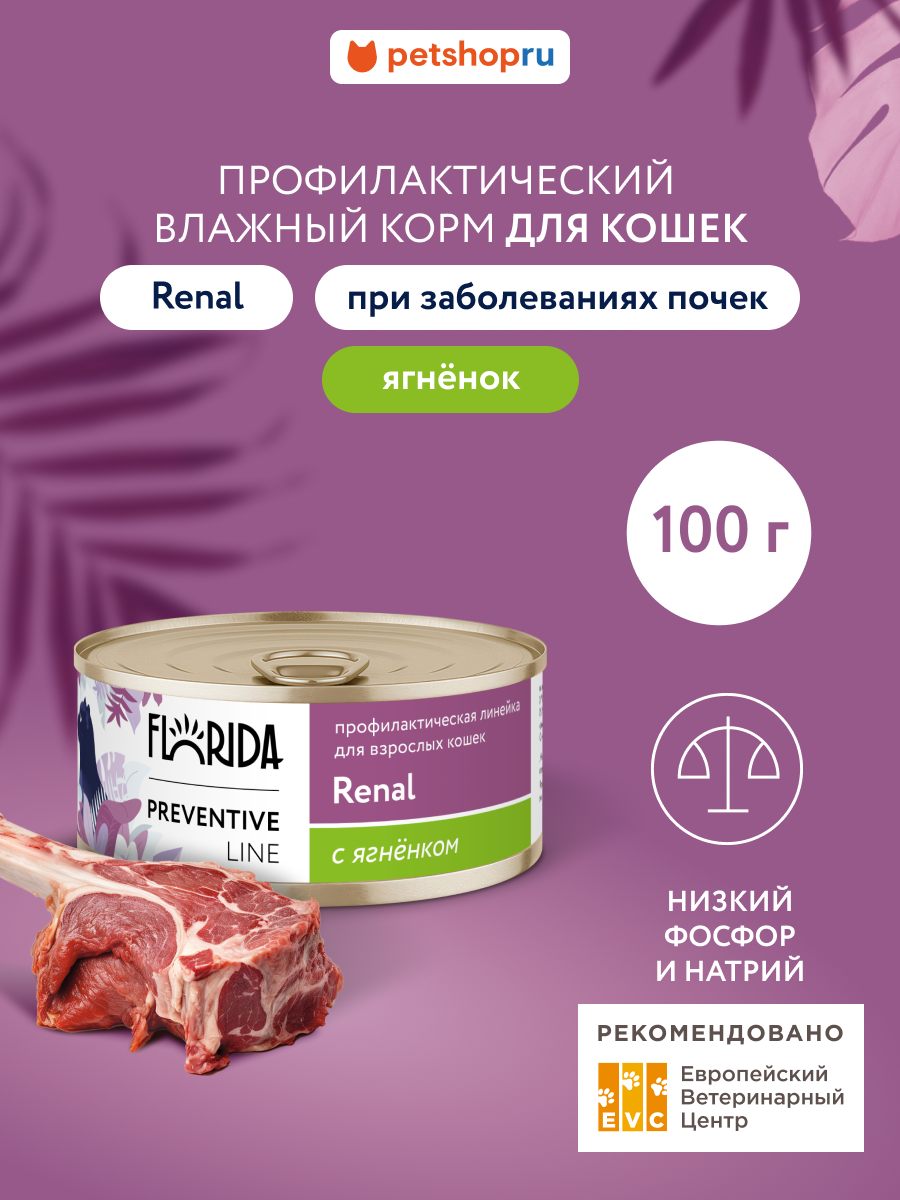 Florida Renal, профилактический влажный корм для кошек для поддержания здоровья почек, ягнёнок, 100 г