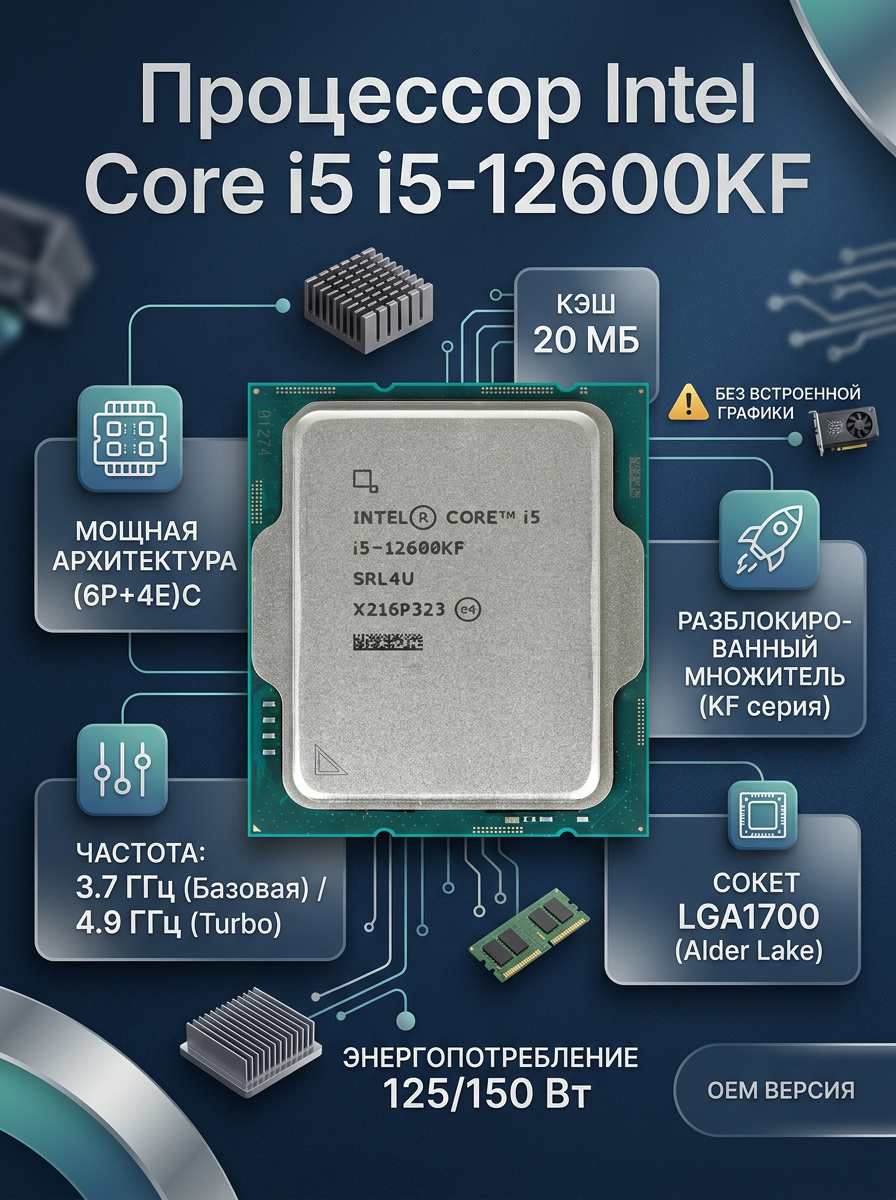 Процессор Intel Core i5-12600KF (CPU LGA1700, Alder Lake, (6P+4E)C/(12P+4E)T, 3.7/4.9GHz, 20MB, 125/150W), CM8071504555228, OEM