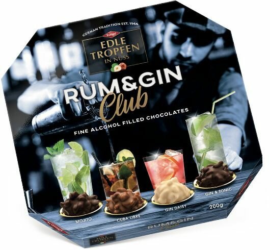 Конфеты TRUMPF EDLE TROPFEN IN NUSS Rum & Gin пралине с алкоголем /картон/ 200г