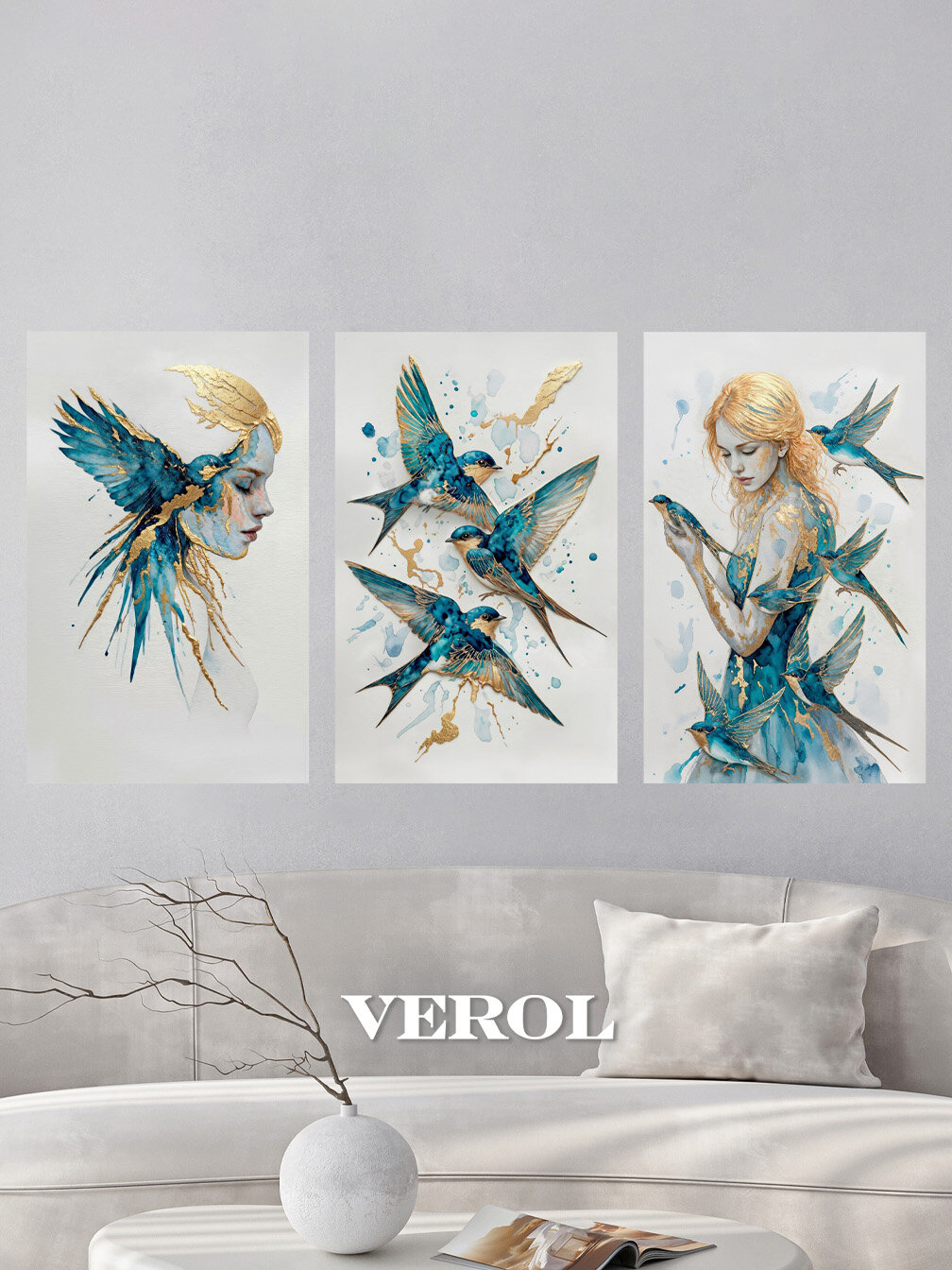 Наклейки интерьерные на стену VEROL "Девушка и птицы в золоте", набор 3 шт, для декора