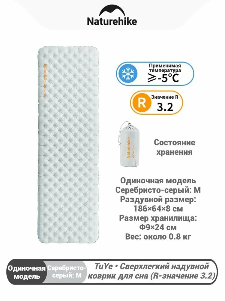 Naturehike/TuYe Сверхлегкий надувной коврик для сна/Специальный надувной спальный коврик для кемпинга на открытом воздухе(R-значение 3.2)
