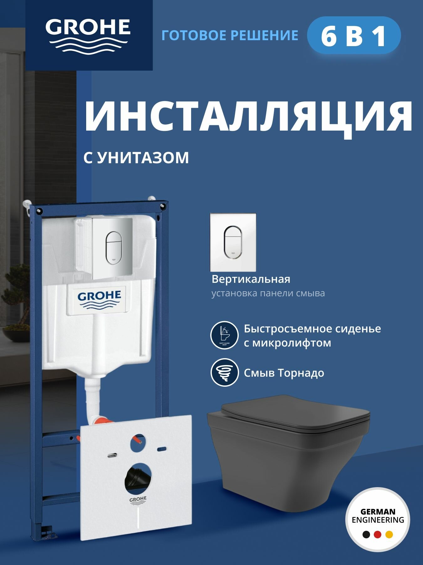 Комплект инсталляции GROHE Rapid SL 3 в 1 (NW0145/S) с унитазом ESTETA и сиденьем с микролифтом, черный матовый (NW0215)