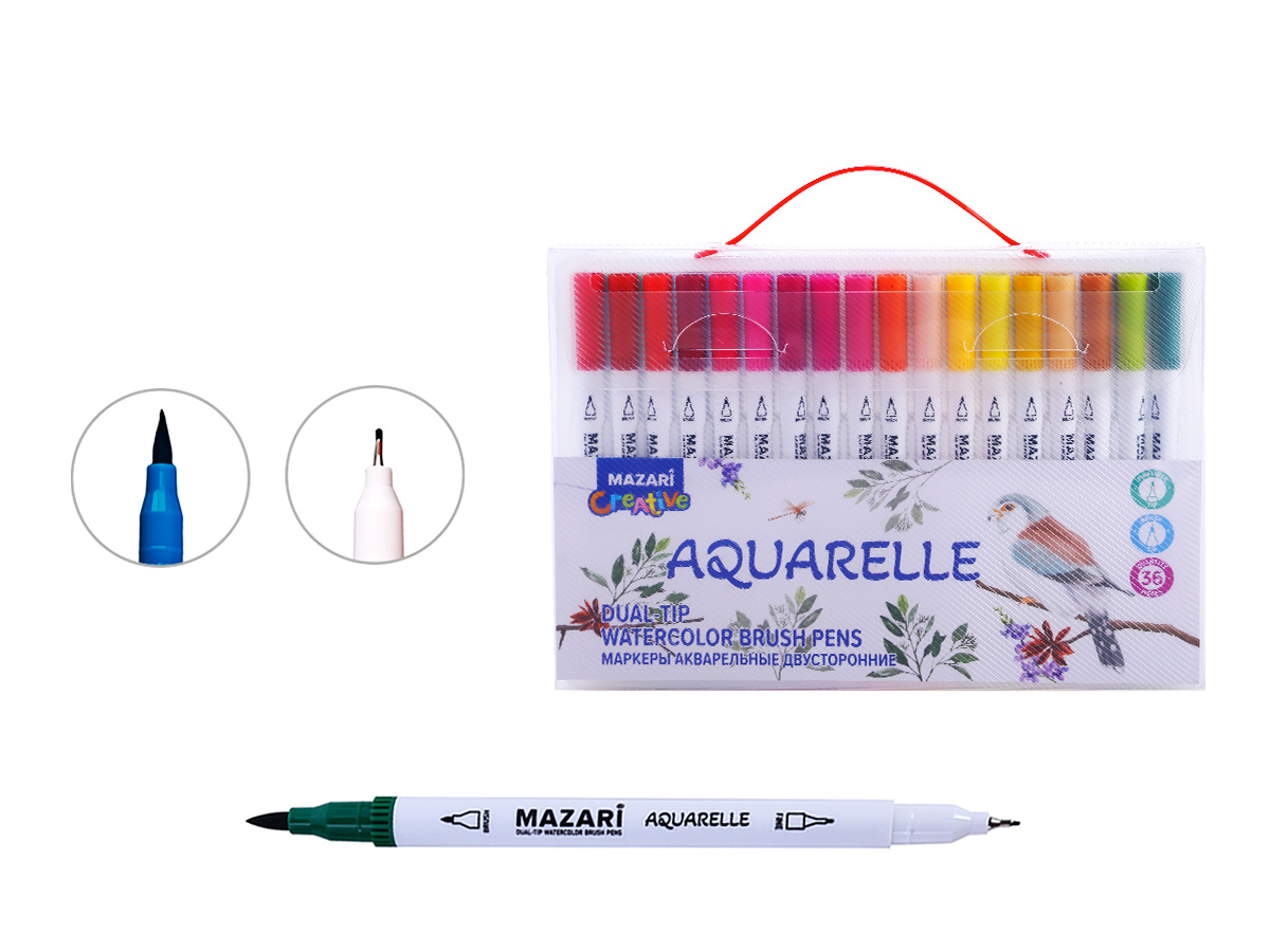 Маркеры акварельные 36цв двусторонние Aquarelle наконечники-кисть/файнлайнер MAZARI M-15213- 36