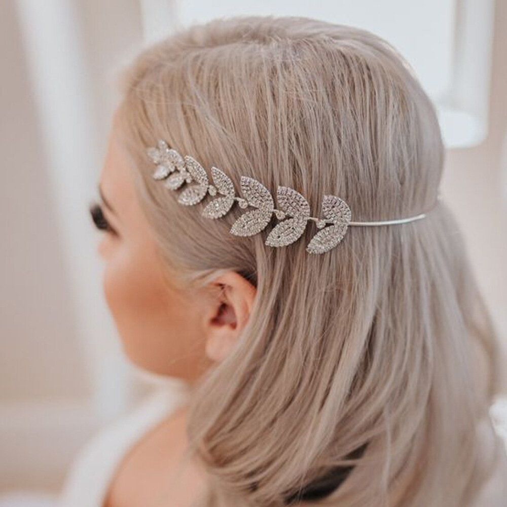 Ободок наоборот MONALUNA, с листьями и стразами, серебристый, белый, серый