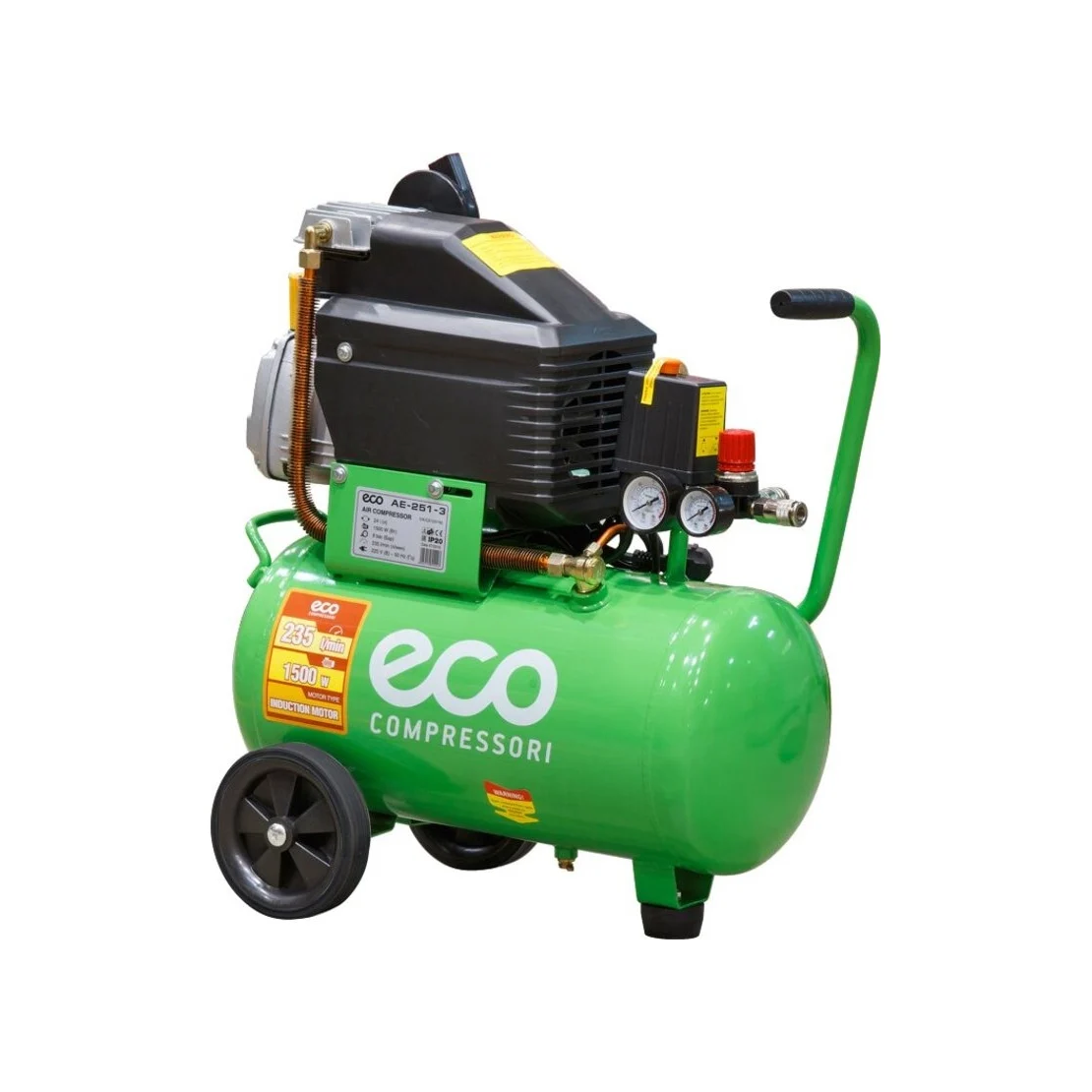Компрессор Eco AE 251-3, 1.5 кВт, 24 л, 235 л/мин, 8 бар, зеленый